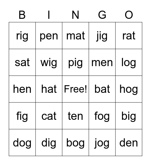 Word Family BINGO Card