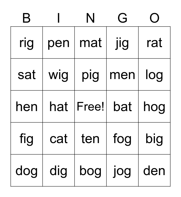 Word Family BINGO Card