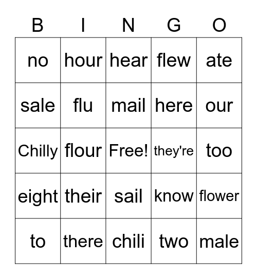 Homophones! Bingo Card