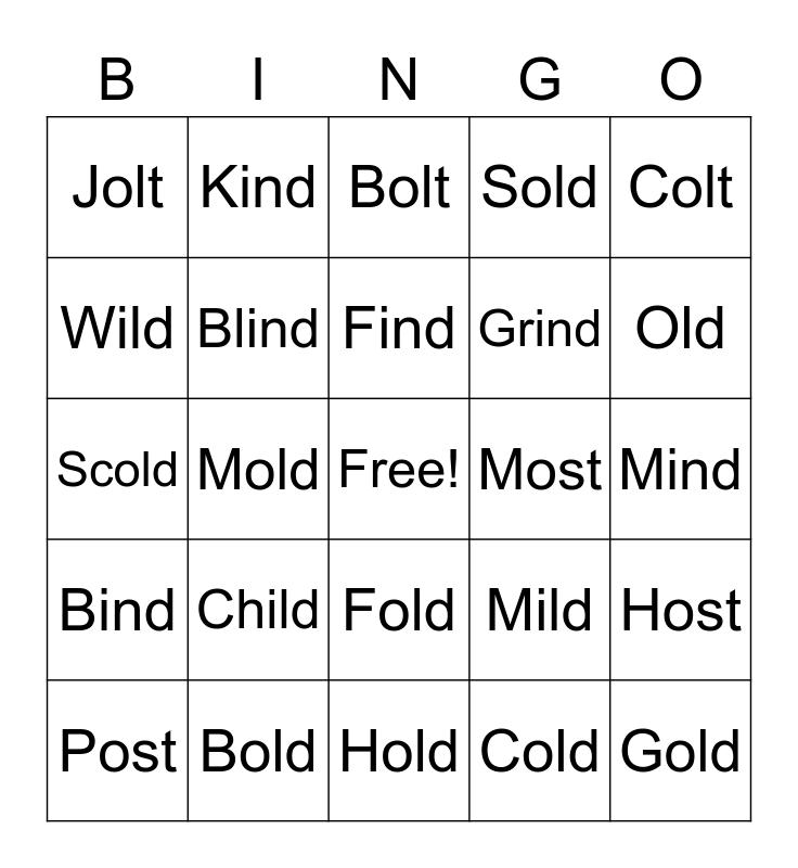 Ost, Old, Olt, Ild, Ind Words Bingo Card