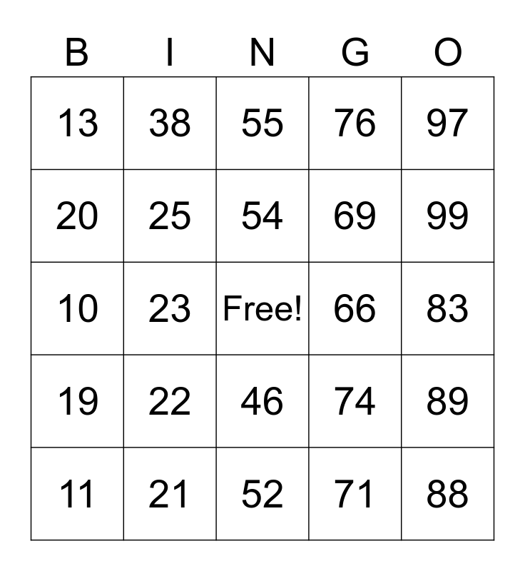 Number Bingo 1-100 Bingo Card