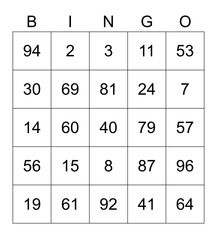 number 1-100 Bingo Card