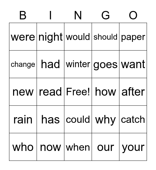 Girls Words Bingo Card