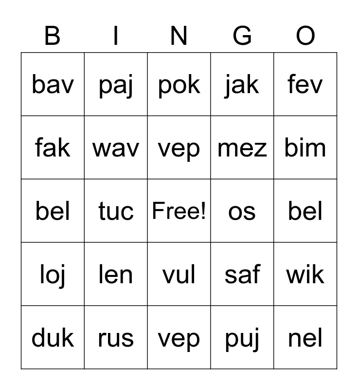 Nonsense Word Bingo Card