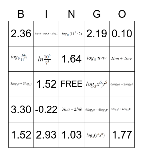 Eponential and Logarithm Bingo Card