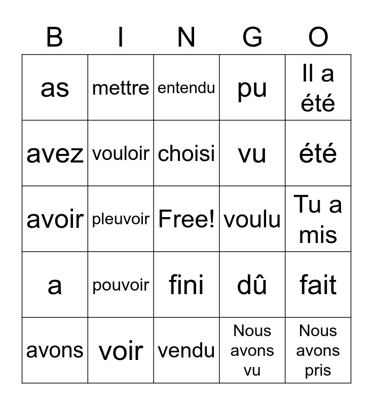 Passé Composé Bingo Card