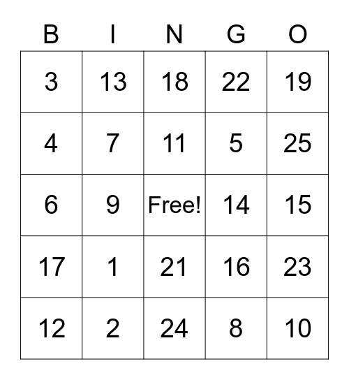 Numbers 1-25 Bingo Card