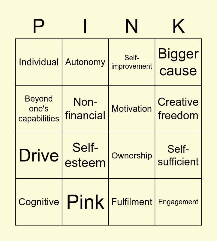 Daniel Pink's Motivational Theory Bingo Card