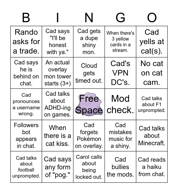 CaddingtonTV Bingo Bongo Bingo Card