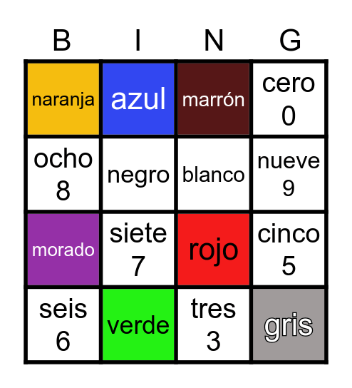 FLT Spanish Colours and Numbers 4 x 4 Bingo Card