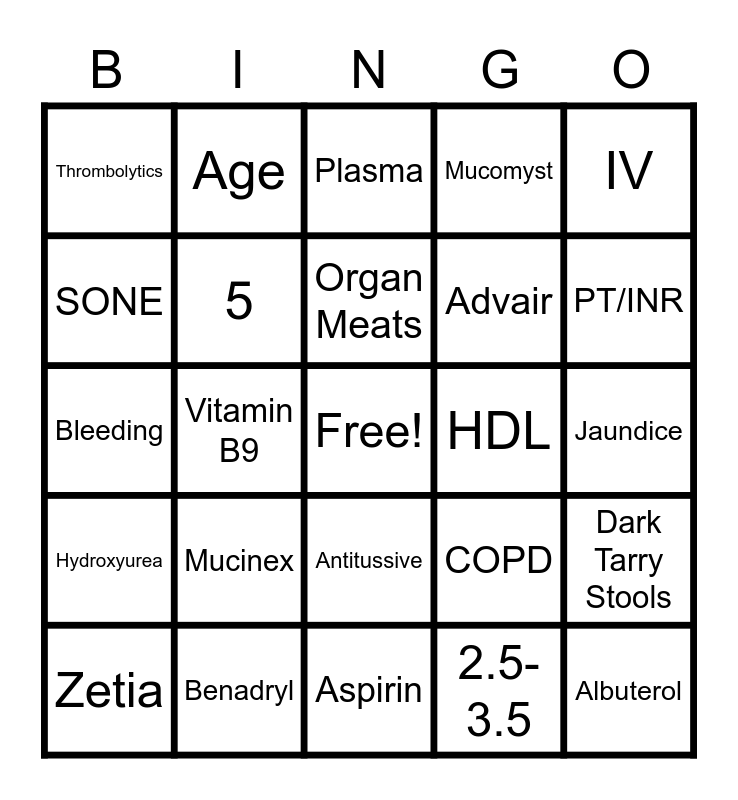 Pharmacology Bingo Card