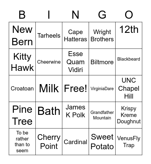 North Carolina Bingo Card