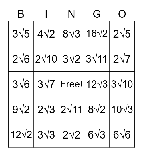 Simplifying Radicals Bingo Card