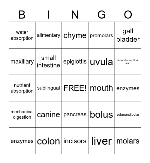 Gastrointestinal Bingo Card