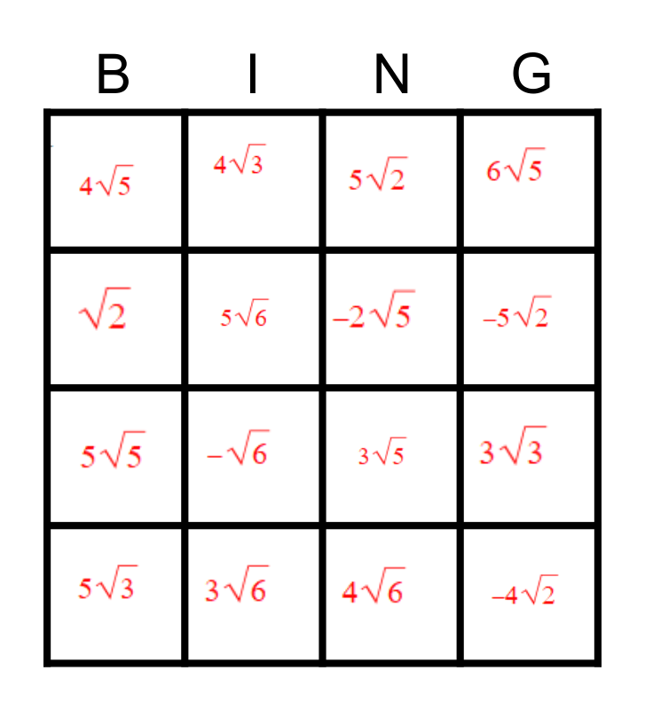 Adding and Subtracting Radicals Bingo Card