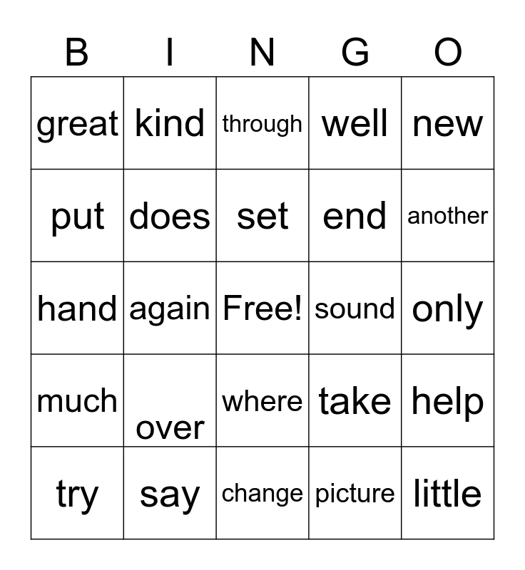 Frys Words - The Second Hundred Bingo Card