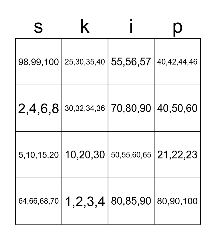 Skip Count Bingo Card