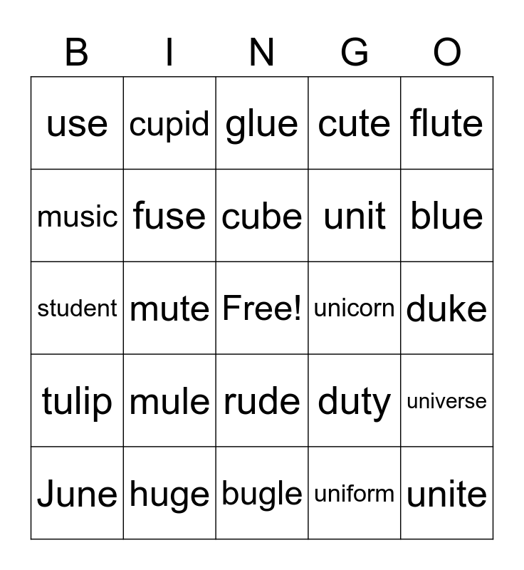 Long U Bingo Card