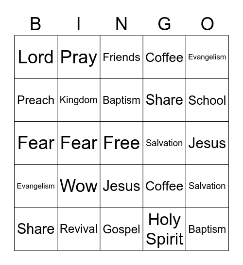Youth Sunday Bingo Card