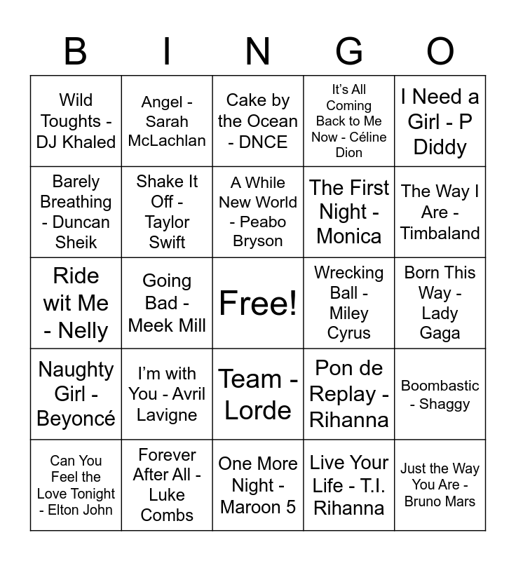 Top 18 Billboard Bingo Card