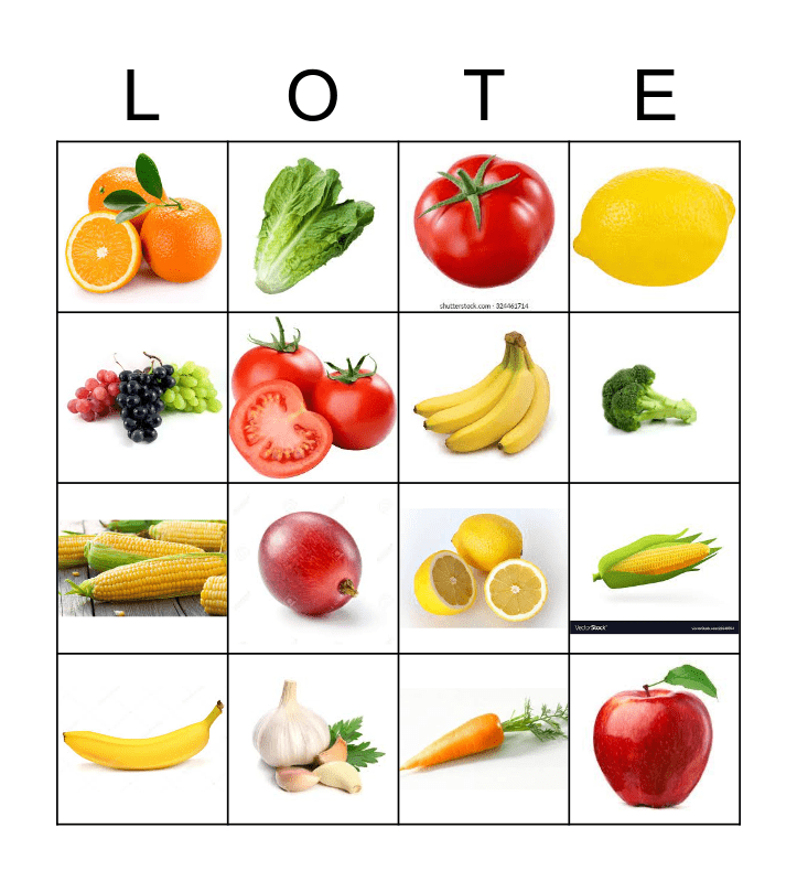 Alimentos: Frutas y Verduras (G2) Bingo Card
