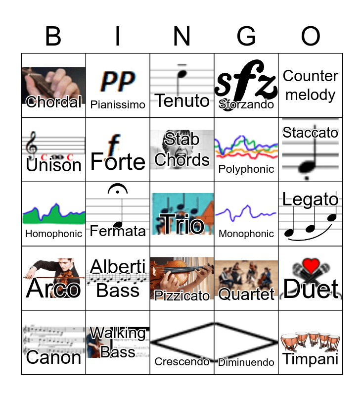 Texture, Timbre (Sonority) and Dynamics Bingo Card