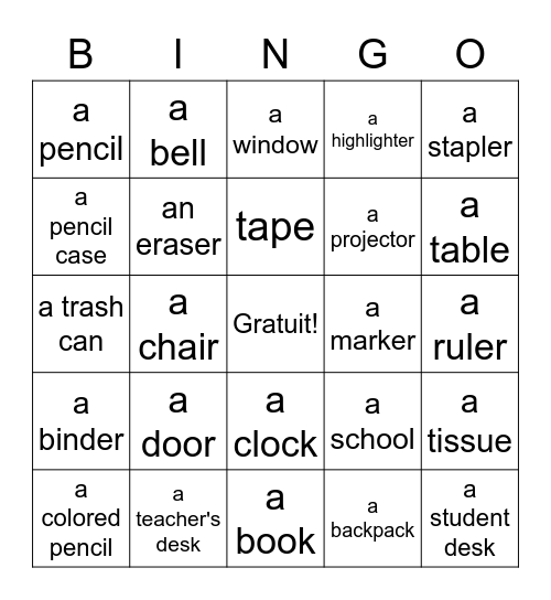 Classroom Objects Bingo Card