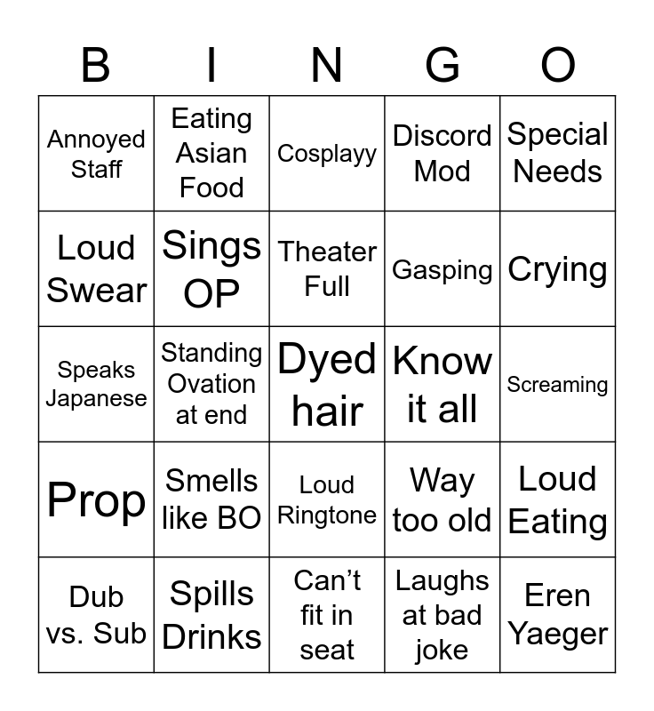 JJK Movie Bingo Card