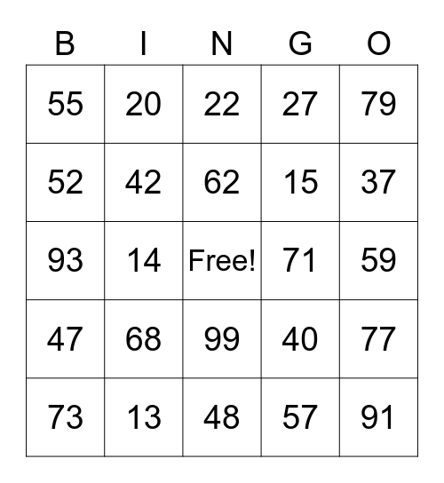 10 more/ 10 less Bingo Card