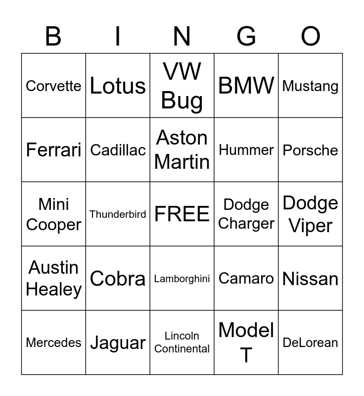 Cars Brands Bingo Card