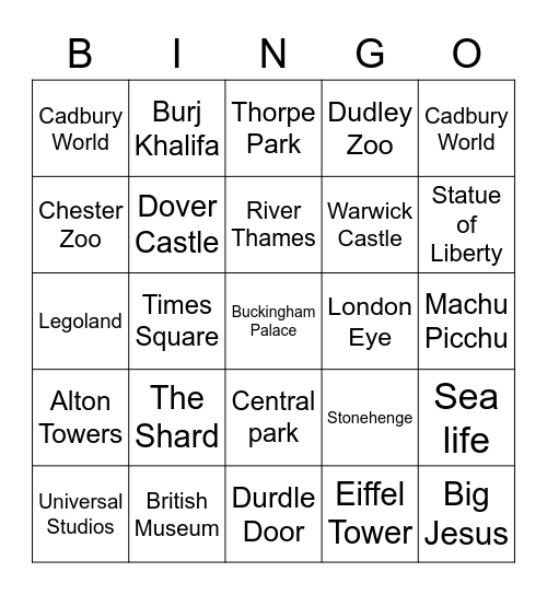 Tourist Attraction Bingo Card