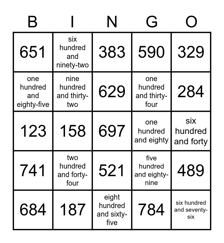 Numbers from 100-1000 Bingo Card