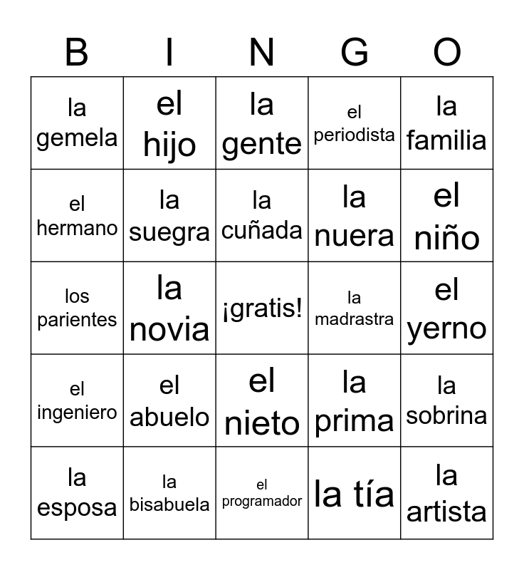 La familia + los profesiones Bingo Card