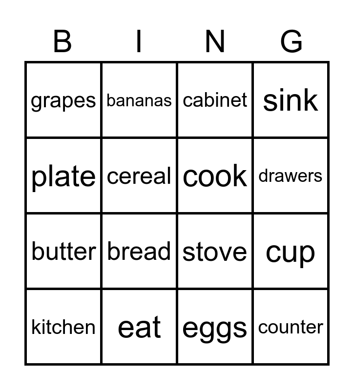 Kitchen Vocabulary Bingo Card Kitchen Vocabulary Bingo Card