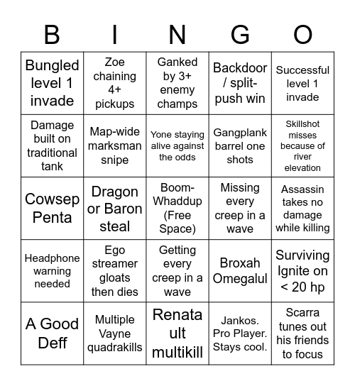 Synapse Best of LoL Bingo Card
