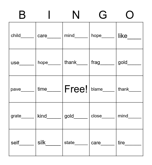 Suffixes (less, ness, ment, ful, ish, en) Bingo Card