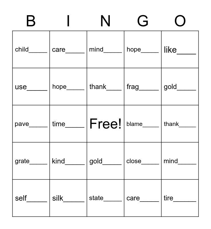 Suffixes (less, ness, ment, ful, ish, en) Bingo Card