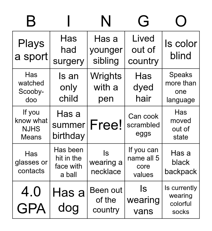 NJHS Bingo Card