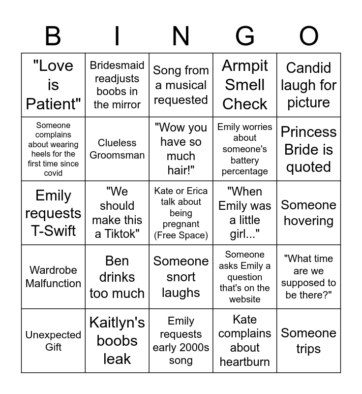 Em and Ben 2022 Bingo Card