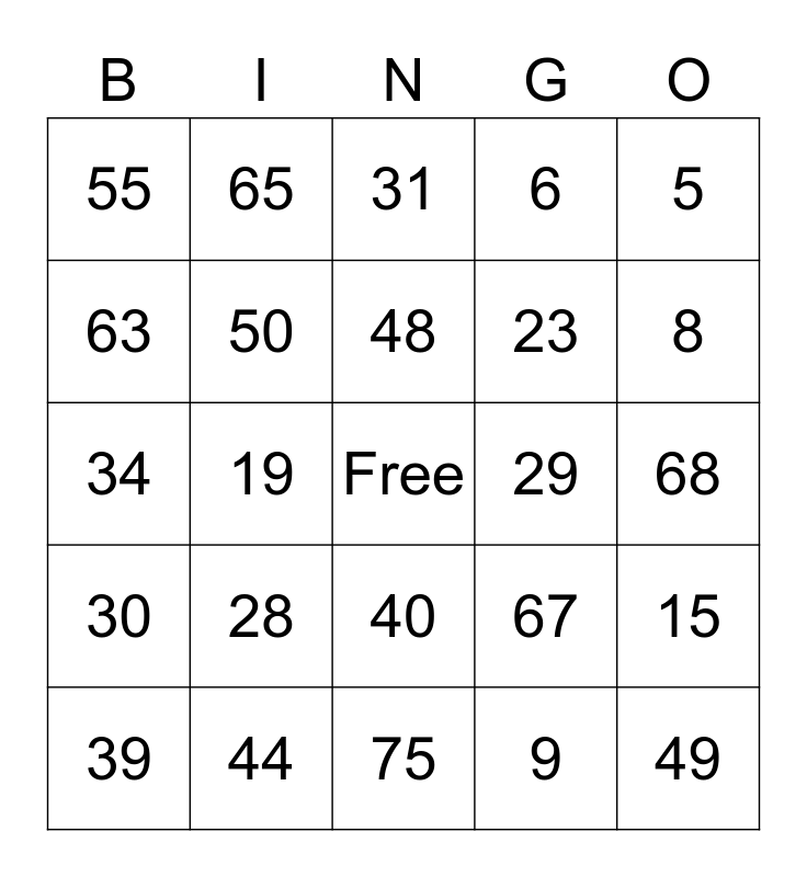 Number Bingo 1-75 Bingo Card