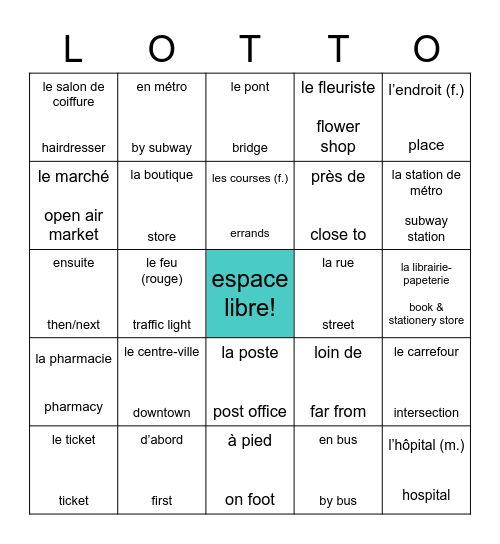 Allons en Ville Bingo Card