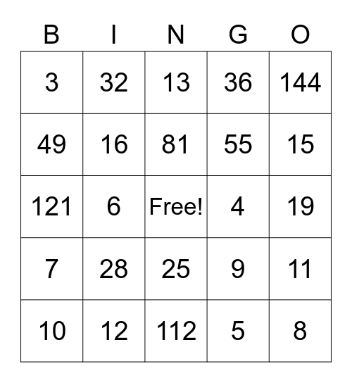 Squares and Square Roots Bingo Card