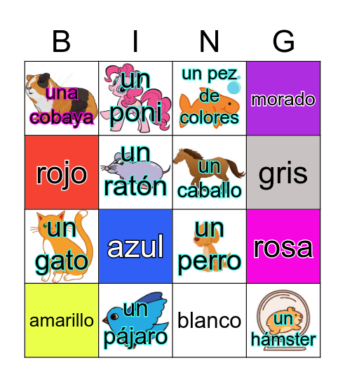 Spanish Pets and Colours Bingo Card