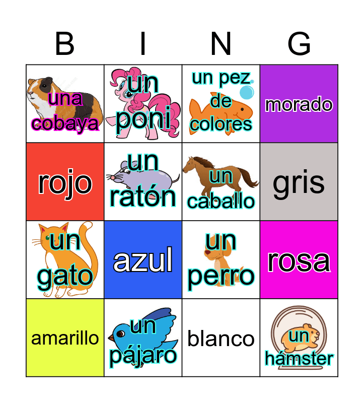 Spanish Pets and Colours Bingo Card
