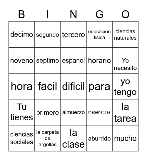Unidad 2A Tu Dia en Escuela Bingo Card