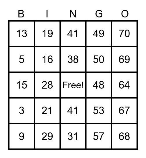 Number Bingo 1-75 Bingo Card