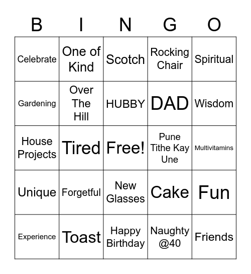 Happy 40 Bingo Card