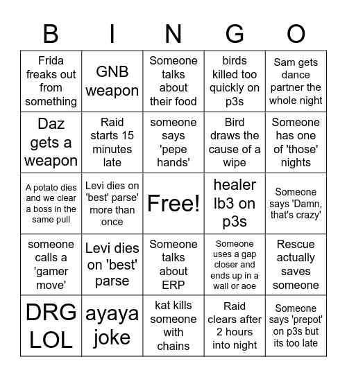 Raid night bingo Card