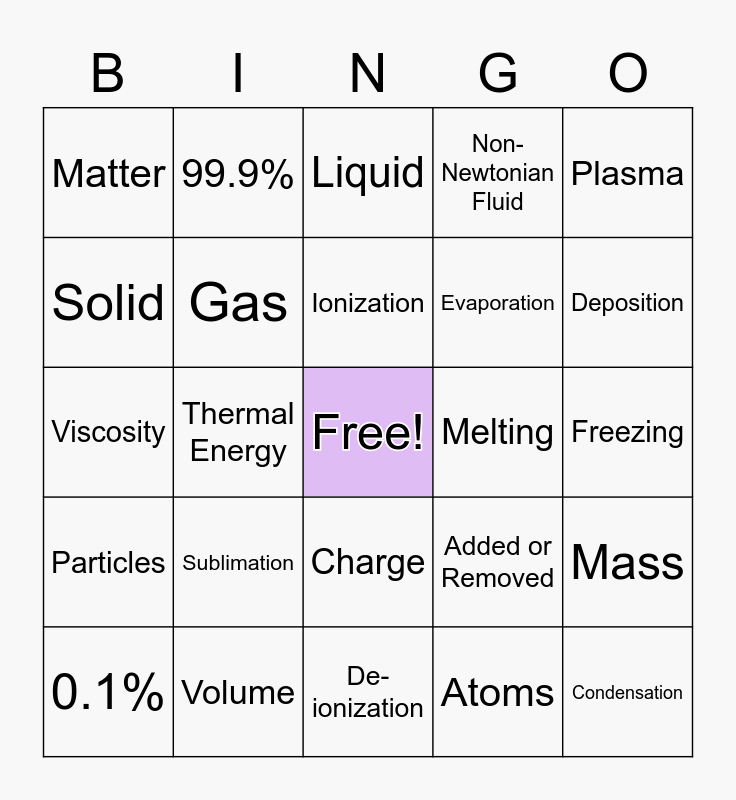 States of Matter Bingo Card