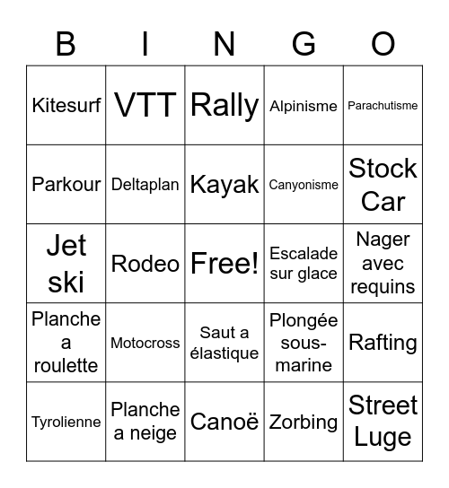 Les Sports Extreme Bingo Card